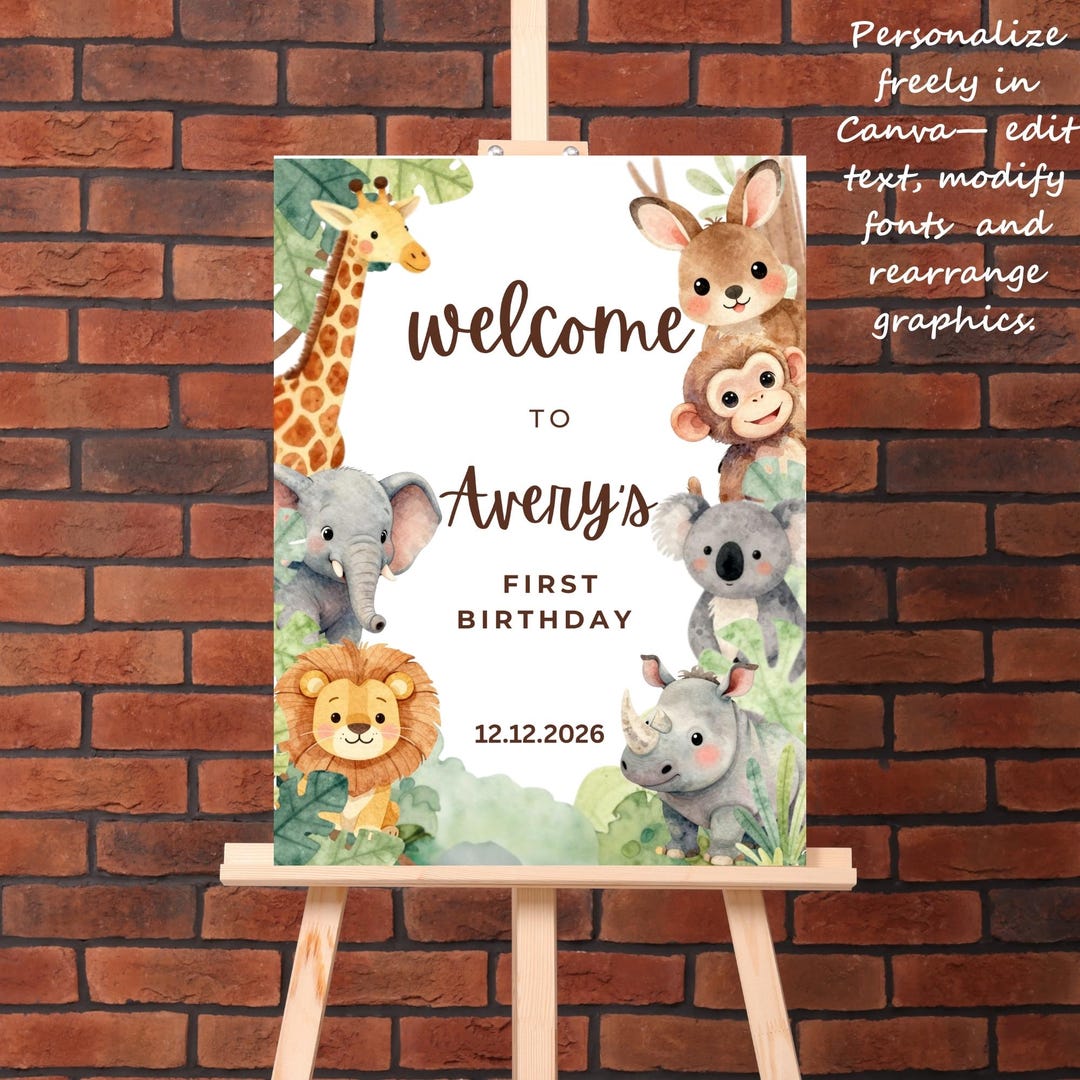 Personalized Safari Welcome Sign: Jungle Animals Party Decor (digital ...