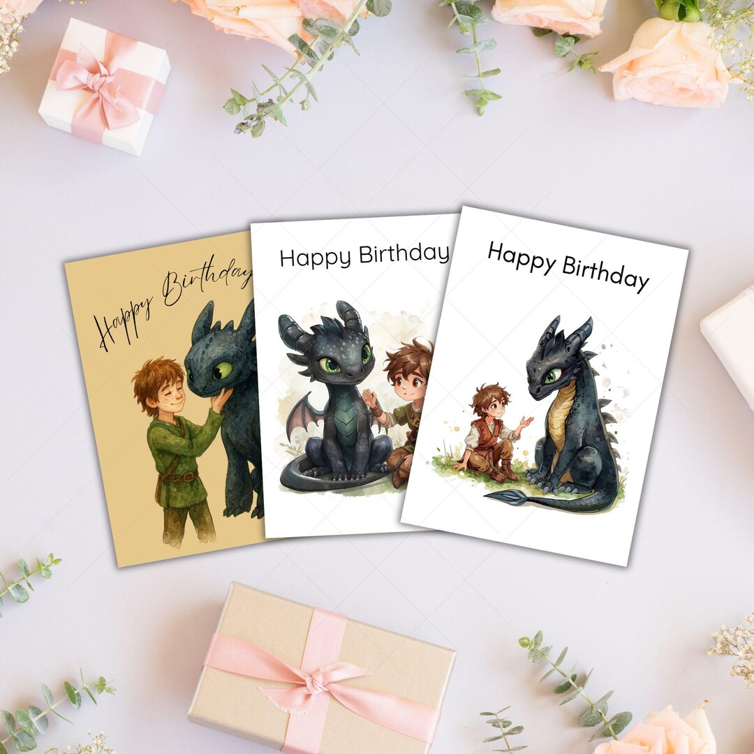 Watercolor Toothless Dragon Birthday Cards: 3 Fantasy Greeting Cards ...