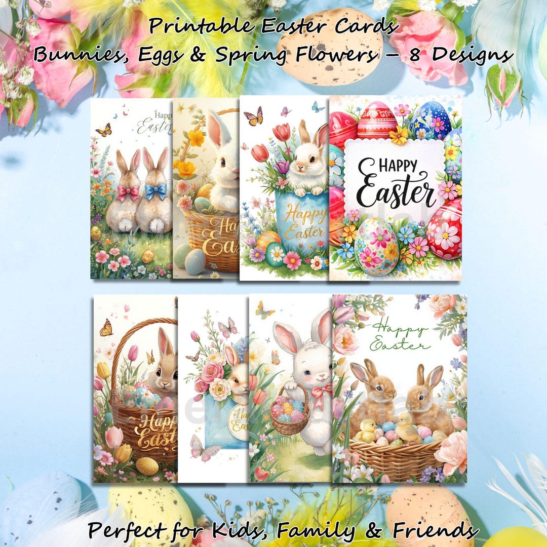 Printable Easter Cards Pack, Bunnies Eggs Spring Flowers Greeting Card ...