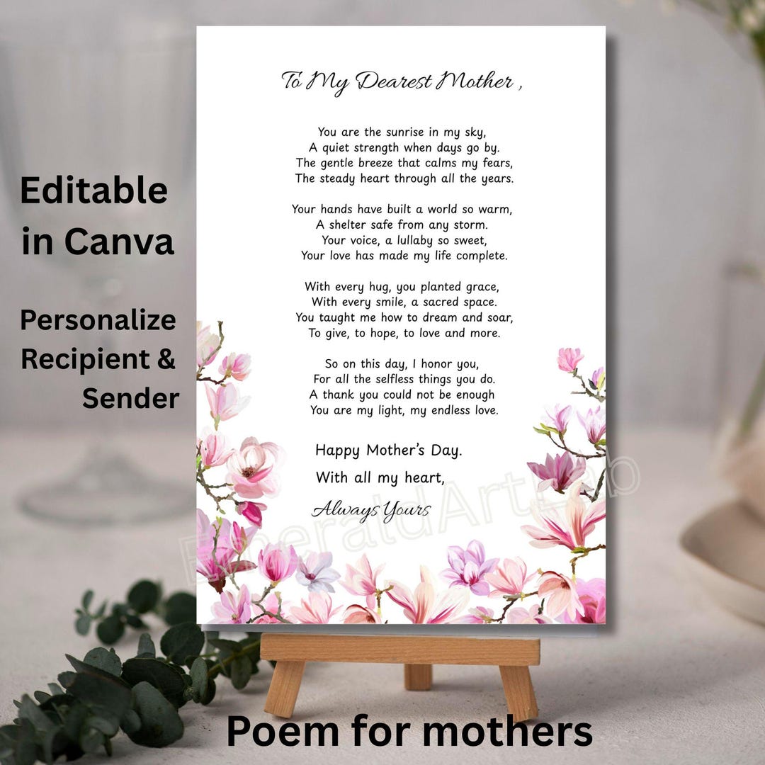 A Heartfelt Mother’s Day Poem Template, Editable Poem for Mom ...