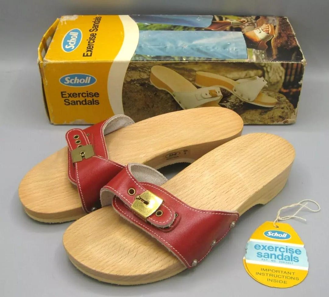 Vintage 70s Dr Scholls Red Leather Wood Exercise Sandals Shoes Made in ...