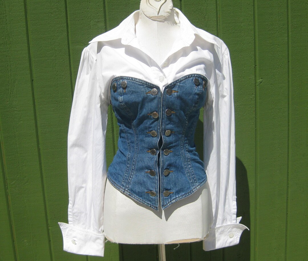 Vintage 80s White Cotton Convertible Denim Corset Blouse Top Squeeze ...