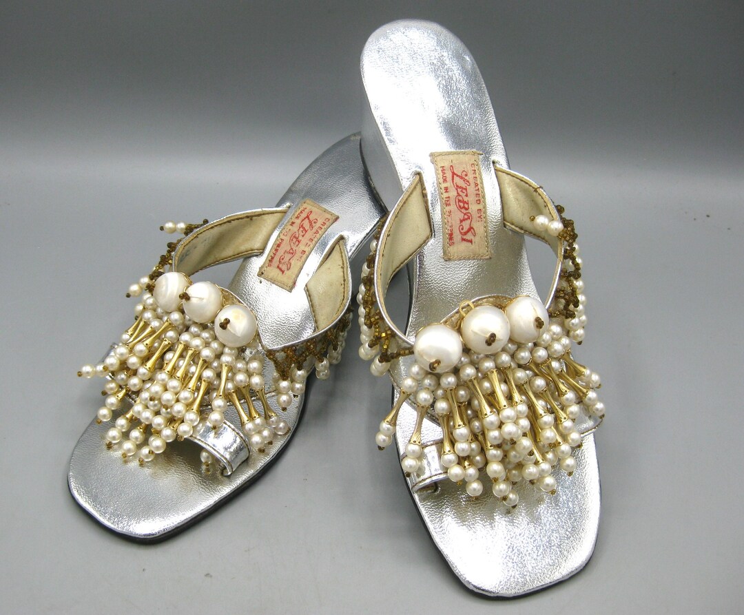 Vintage 60s Wedge Shoes Silver Beaded Vinyl Mod Sandals Slip on Mules 7 ...