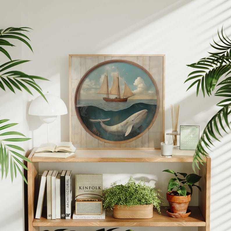 Nautical Porthole Wall Art, Sailing Ship and Whale Printable, Ocean ...