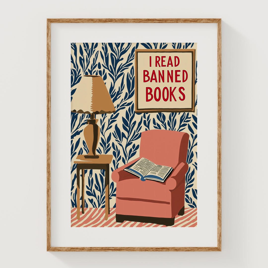 I Read Banned Books Poster, Cozy Reading Chair Digital Art, Book Lover ...