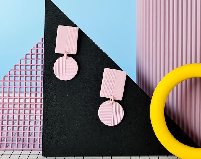 Pink Minimal Colorblock Polymer Clay Earrings. 80s Fun Geometric ...