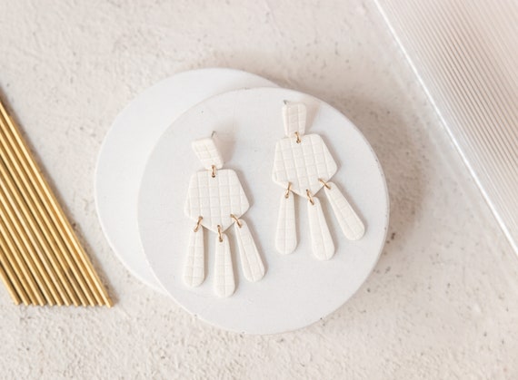 White Textured Earrings With Grid Pattern. Handmade Polymer - Etsy