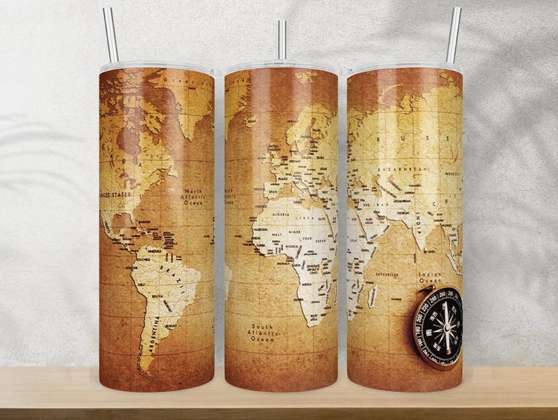World Map 20 Oz Skinny Tumbler Png Sublimation Design Download, Compass ...