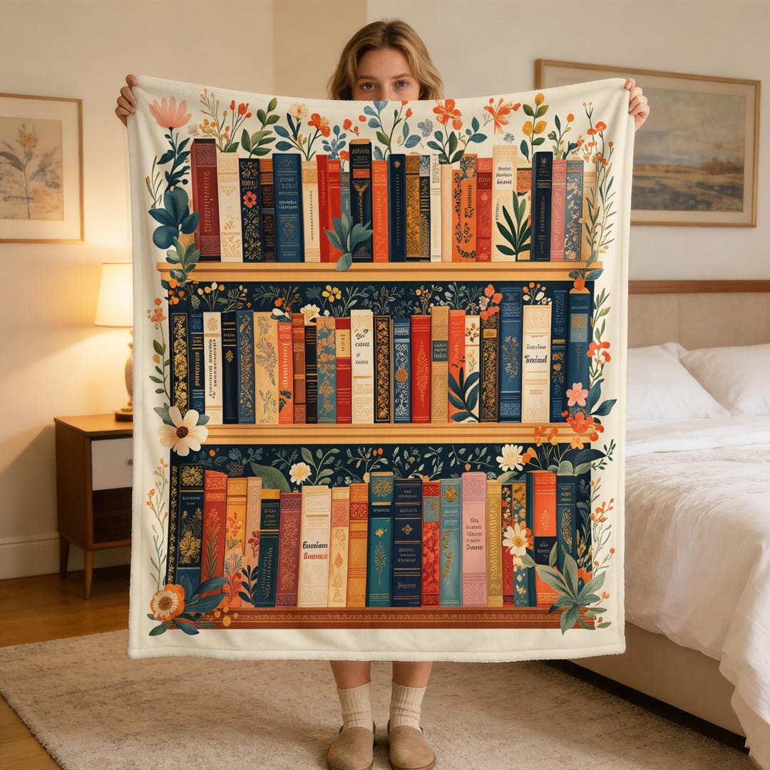 Cottagecore Bookshelf Throw Blanket, Vintage Library Floral Design ...