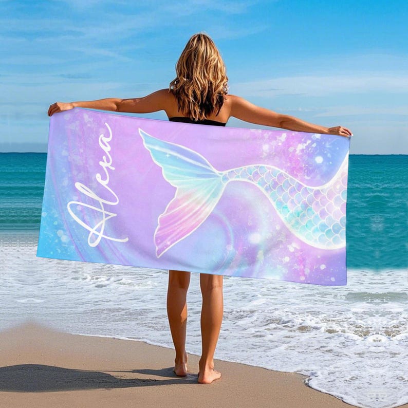 Mermaid Personalized Beach Towel, Custom Name Towel for Kids, Mermaid ...