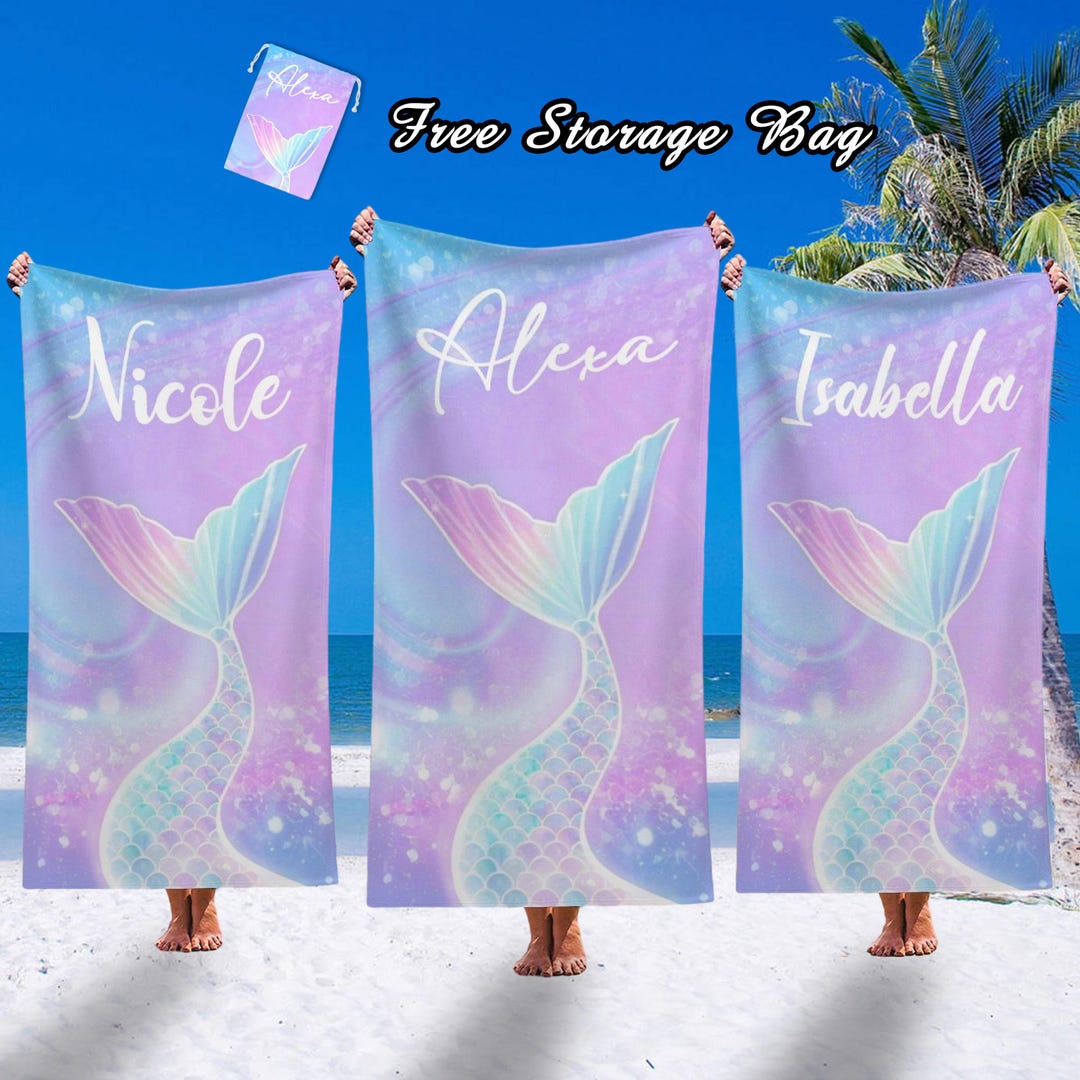Mermaid Personalized Beach Towel, Custom Name Towel for Kids, Mermaid ...