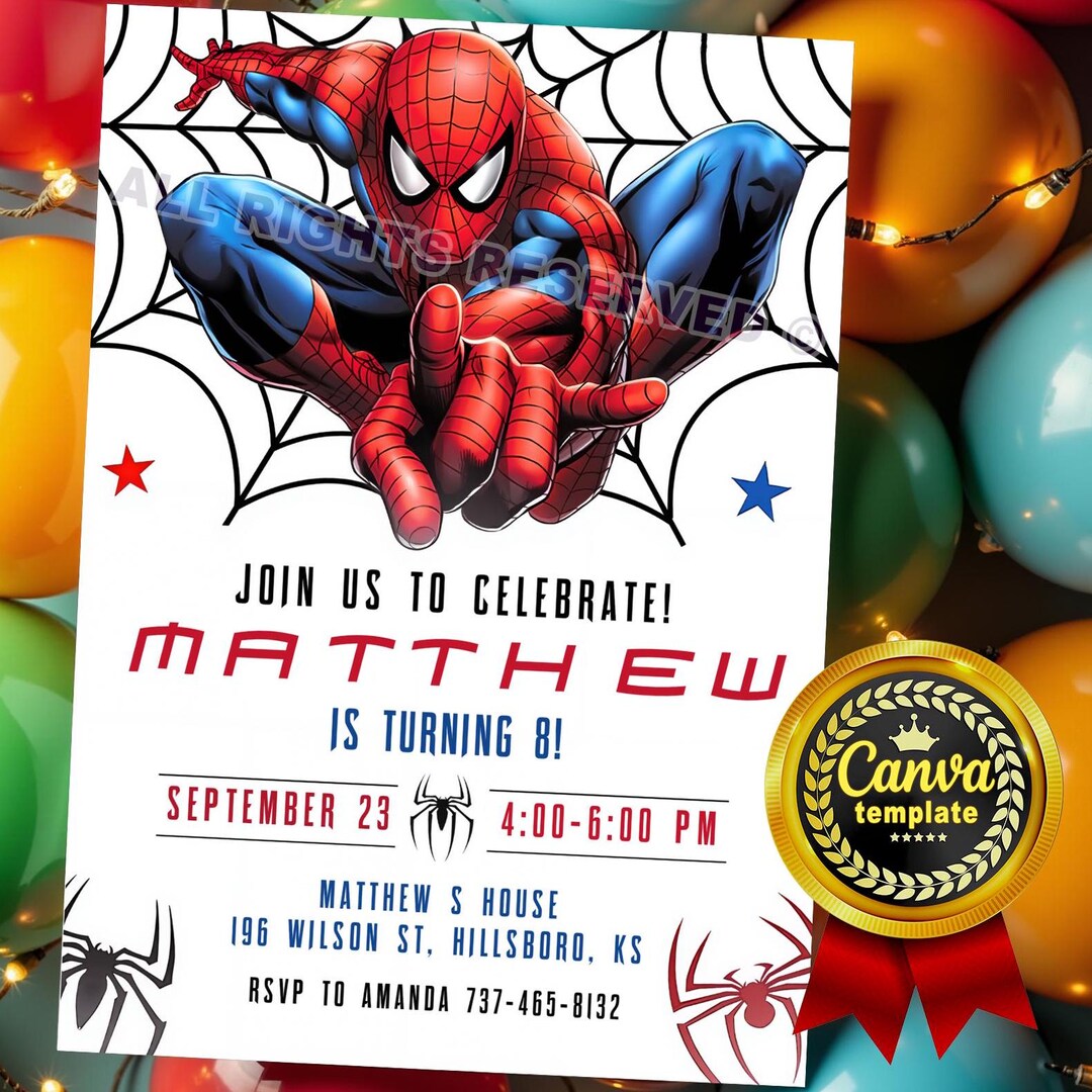 Spider Man Birthday Invitation - Editable Canva Template. Digital or ...