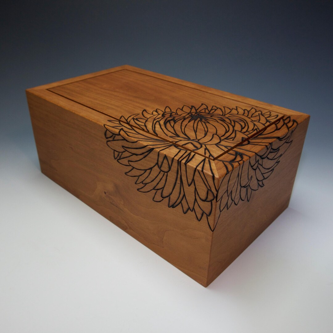 Cremation Box Urn : Cherry Wood With Incurve Chrysanthemum Design MADE ...