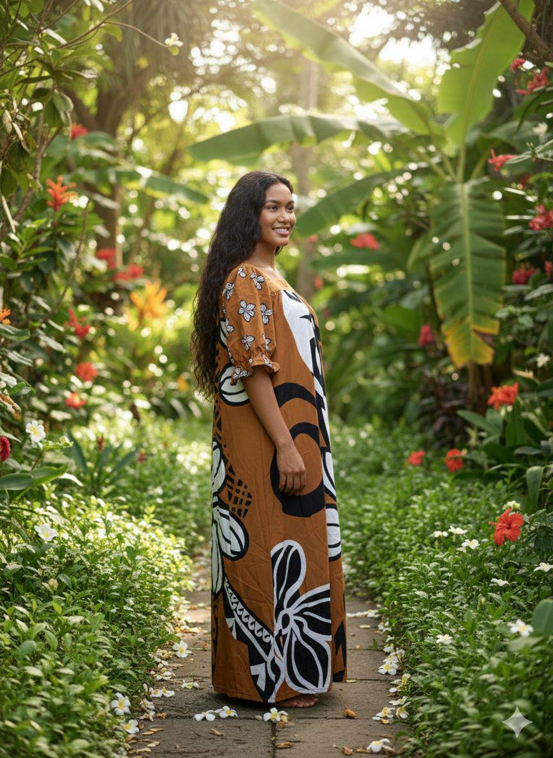 Traditional Polynesian Mother Hubbard Dress - Brown & White Floral ...
