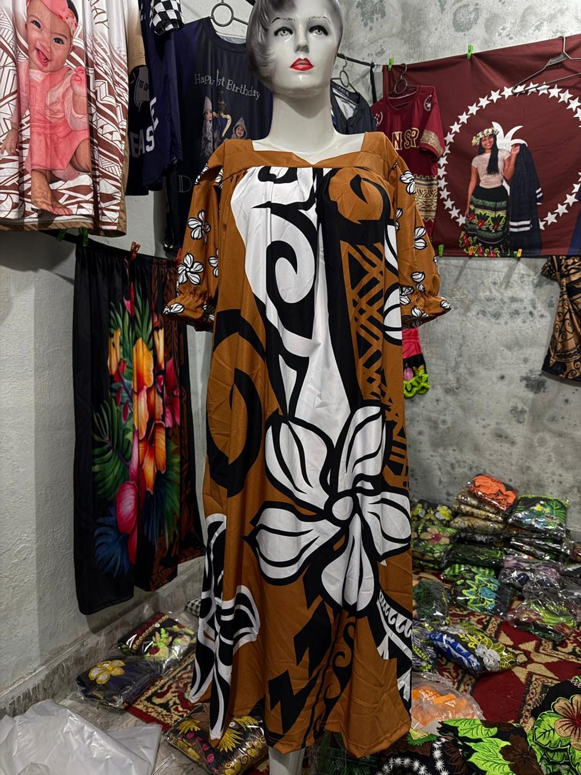 Traditional Polynesian Mother Hubbard Dress - Brown & White Floral ...