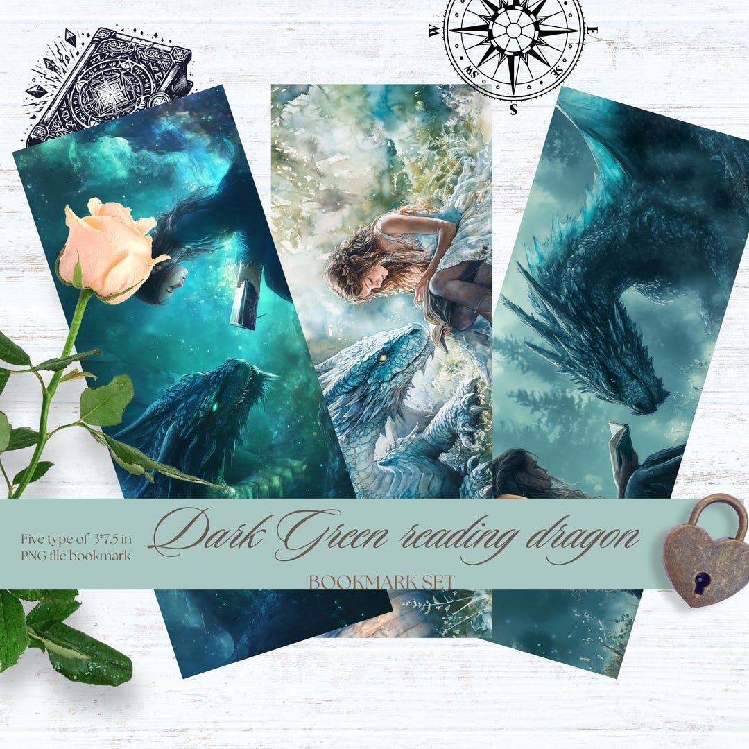 Dark Green Reading Dragon Bookmark Set, Instant Downloadable, Fantasy ...