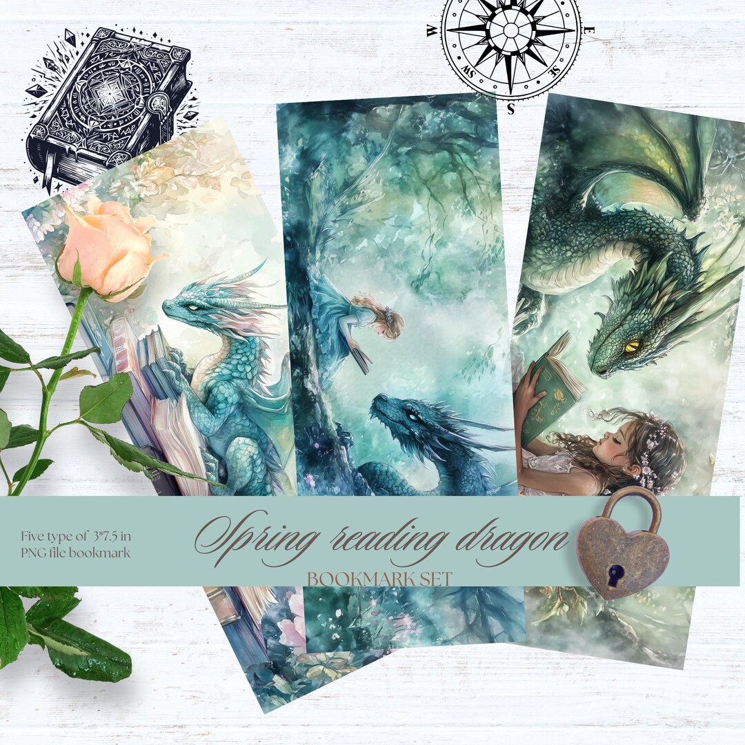 Spring Reading Dragon Bookmark Set, Instant Downloadable, Fantasy ...