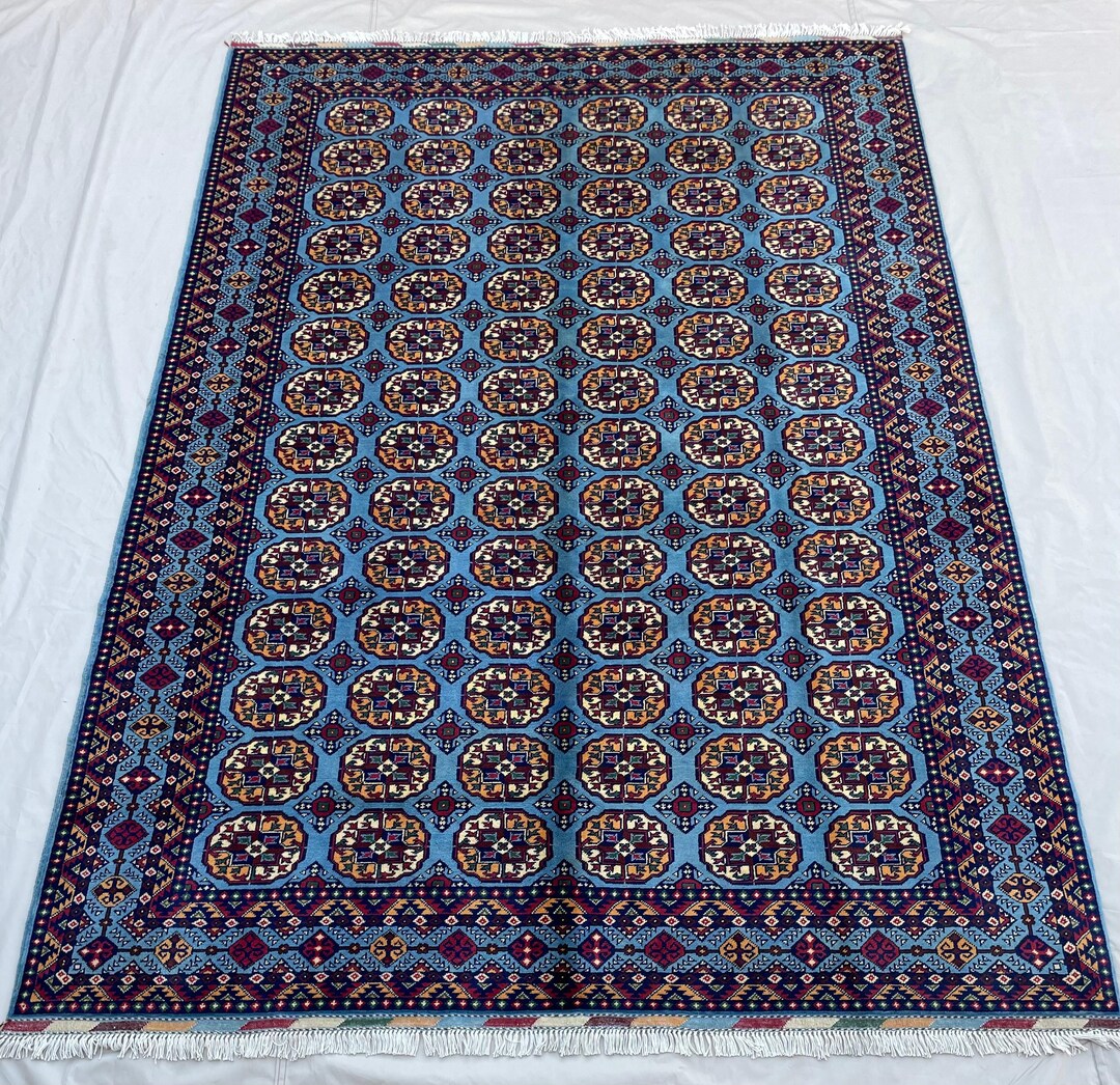 Marinos Turkmani Akhal Gul Rug – Handwoven Afghan Wool Rug | 9.11 X 6.9 ...