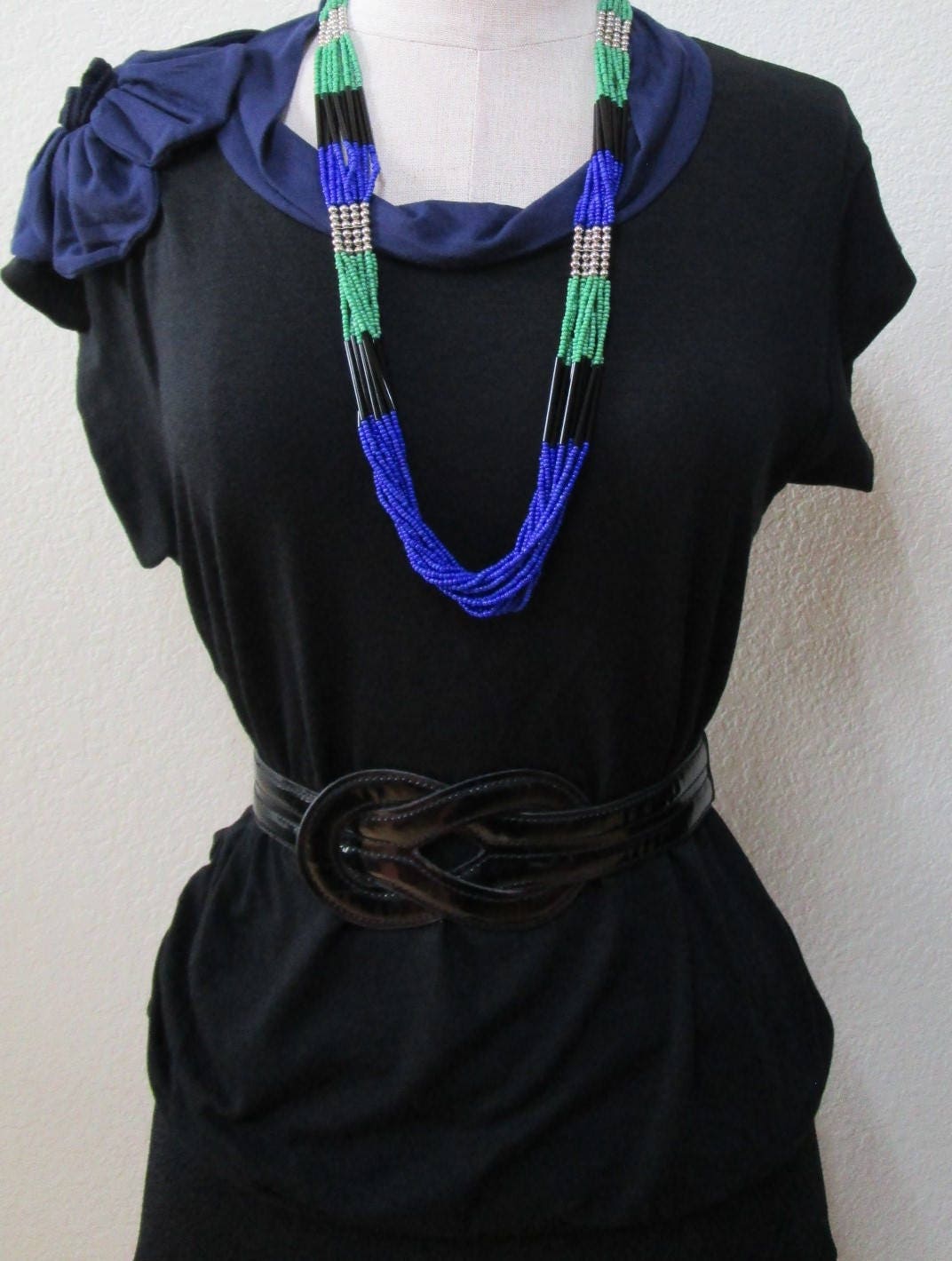 Black Color Clowl Neckwith Dark Blue Rose on Shoulder Decoration Plus ...