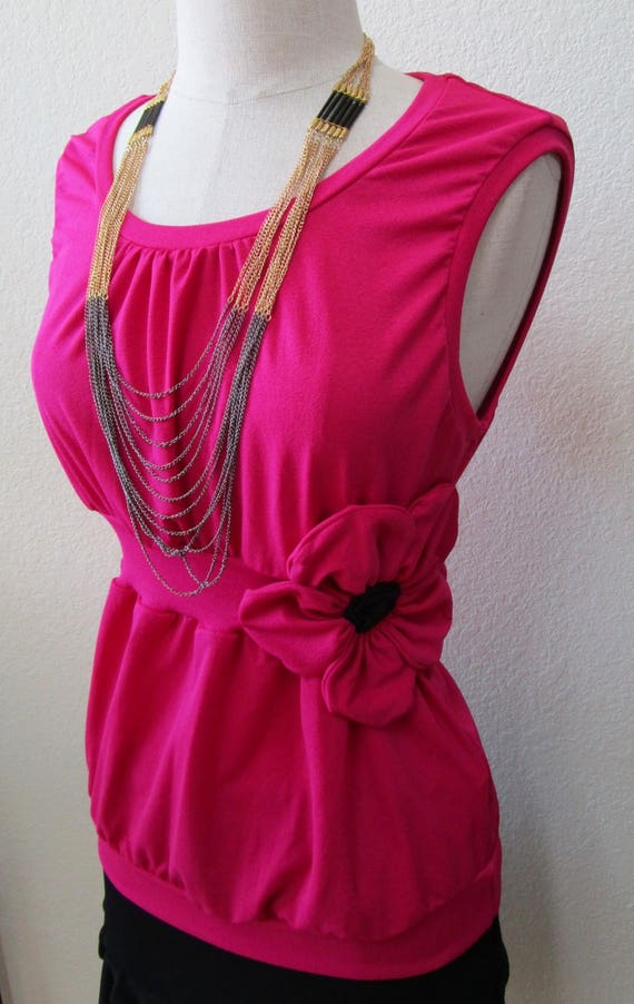 Bright rose color tank top with rose decoration and gathered | Etsy