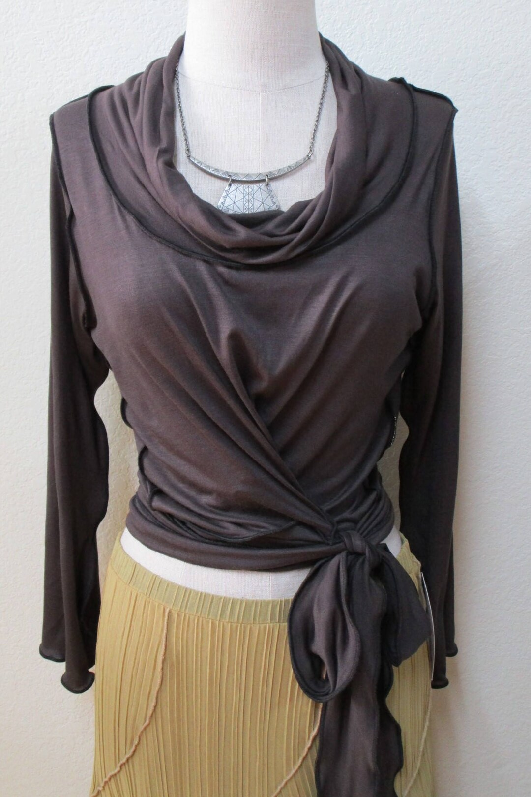 Dark Brown Color Cowl Neck Pattern With Sew in Belt Decoration Plus ...