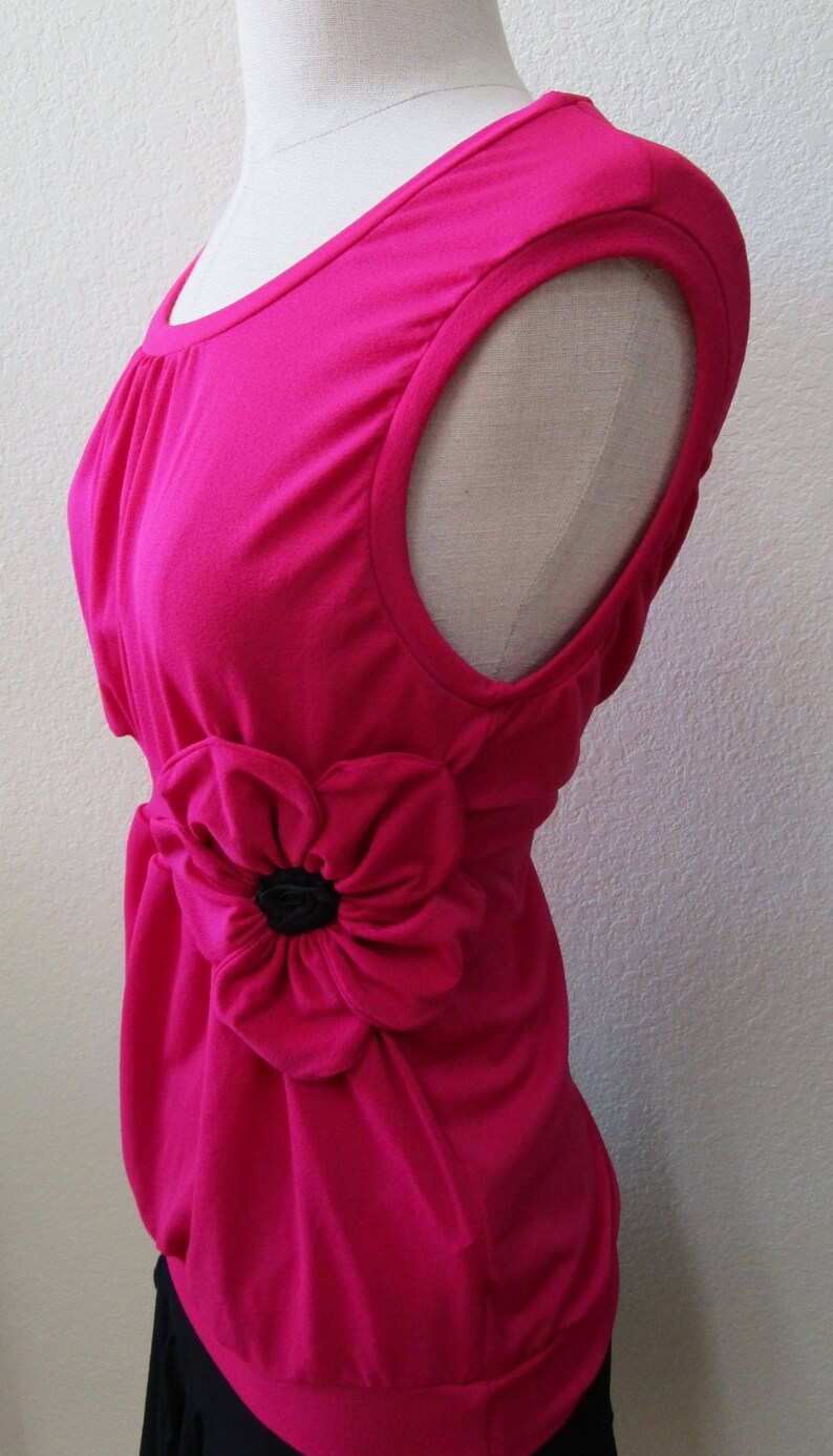 Bright Rose Color Tank Top With Rose Decoration and Gathered Design ...