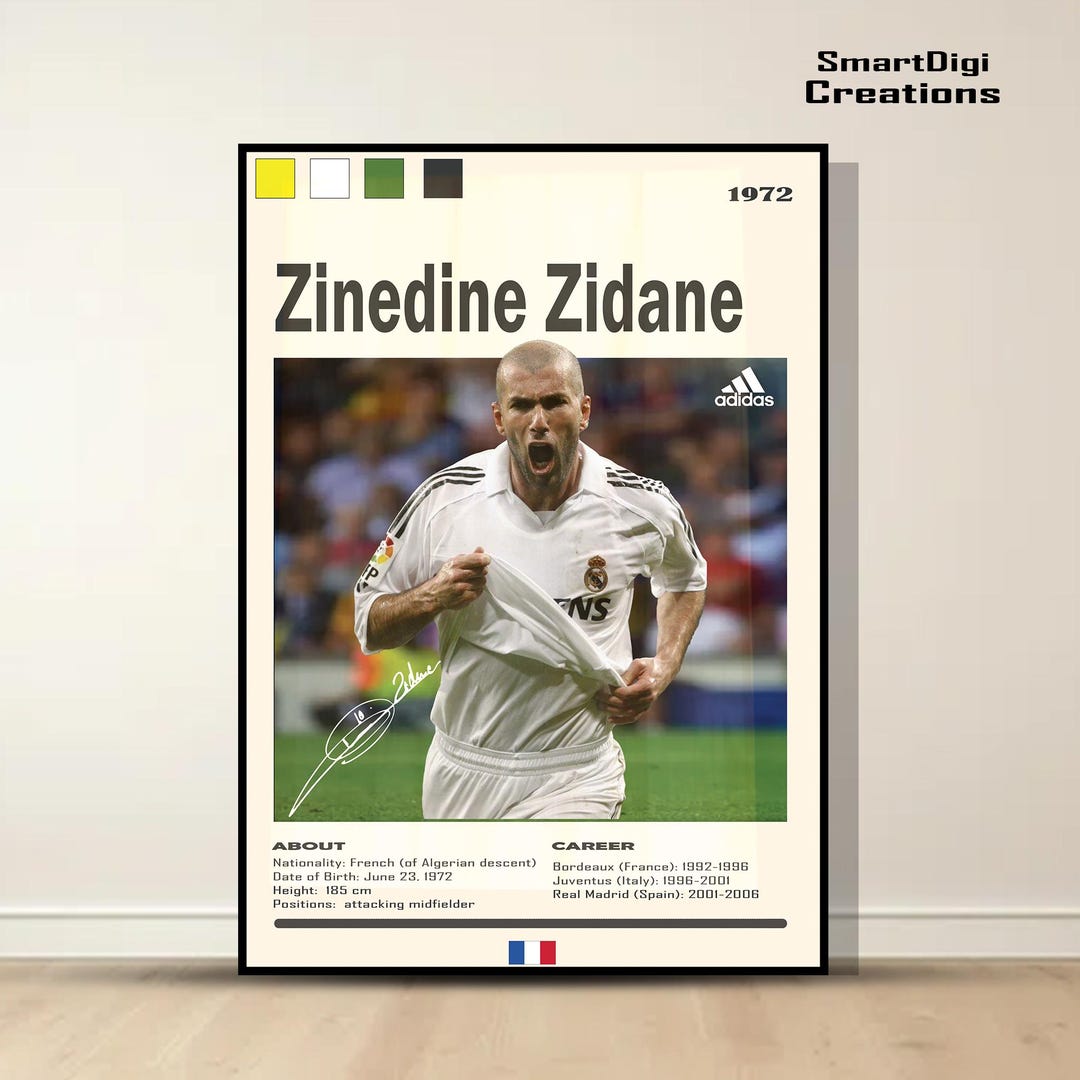 Zinedine Zidane Poster | Soccer Legend Wall Art | Football Decor Print ...