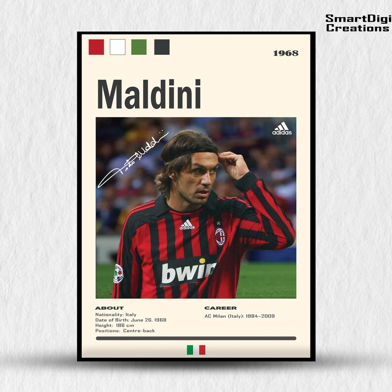Paolo Maldini AC Milan Poster – Italian Football Legend Wall Art, Retro ...