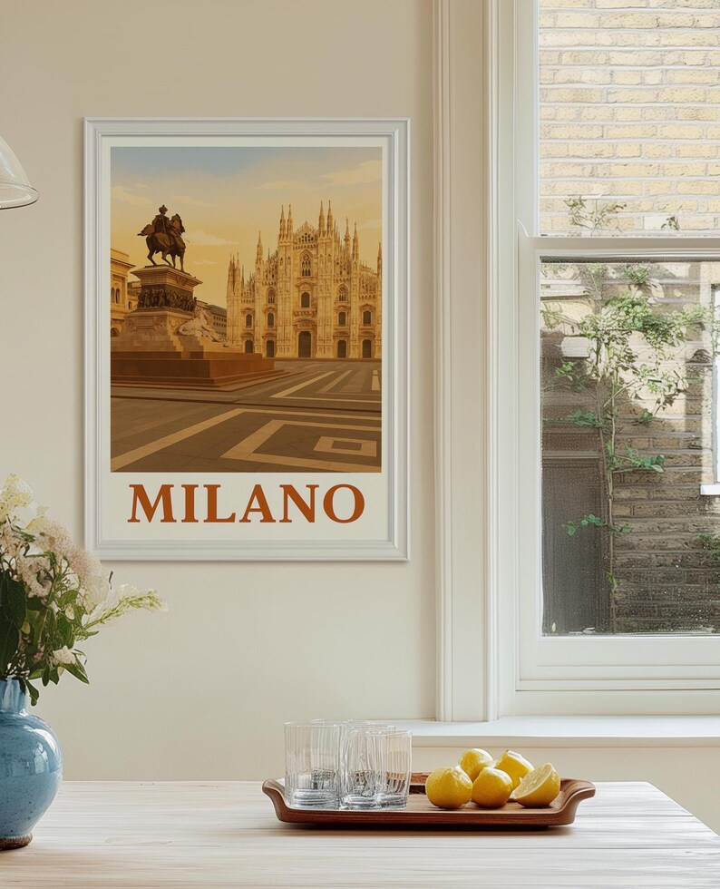 Milano Poster – Vintage Travel Style Wall Art, Milan Duomo Illustration ...