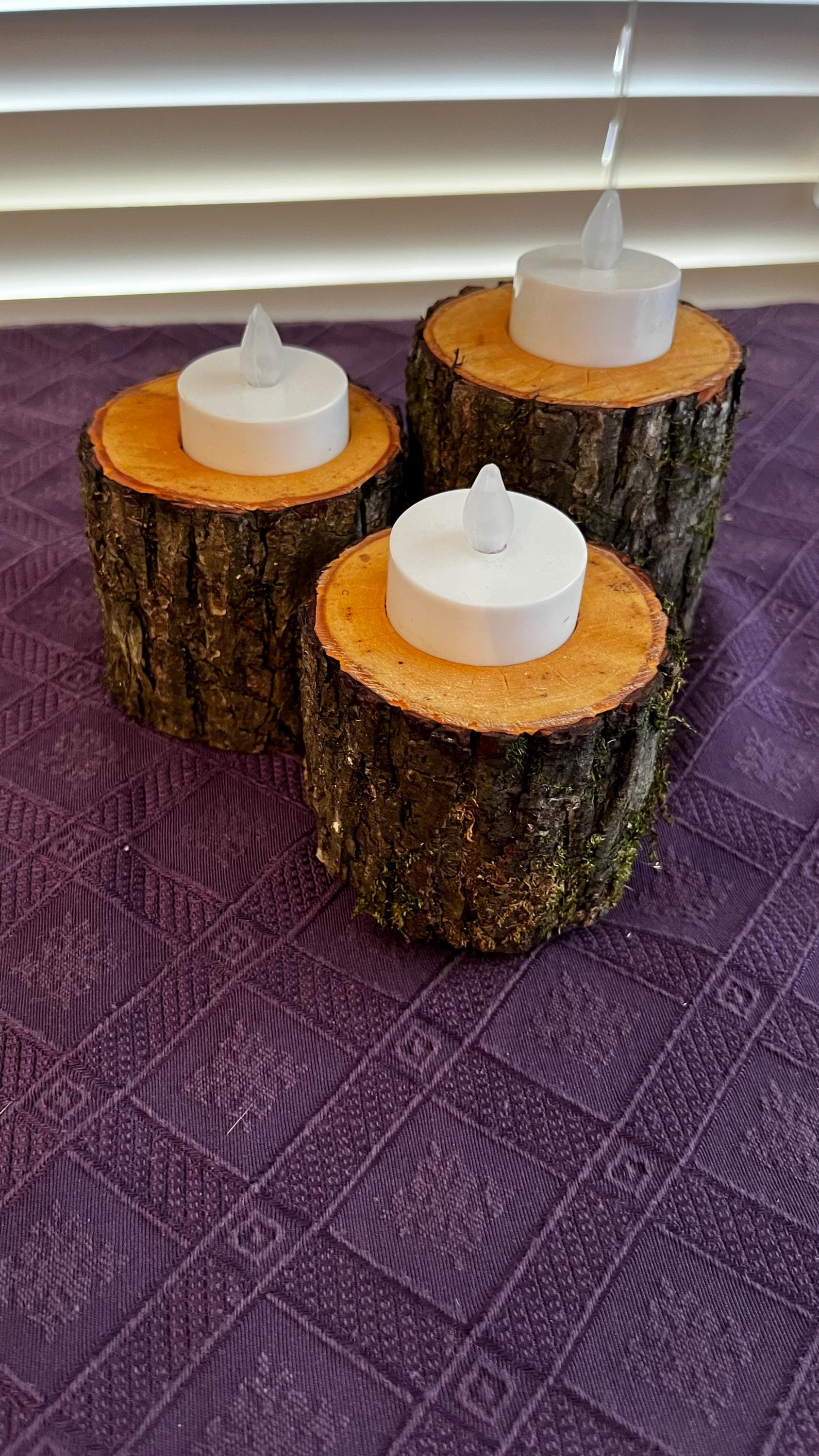 Rustic Log Tea Light Holders – Set of 3 Handmade Wooden Candle Holders ...