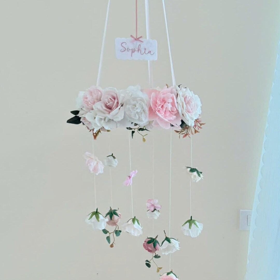 Baby Crib Mobile With Name, Light Pink Floral Nursery Mobile ...