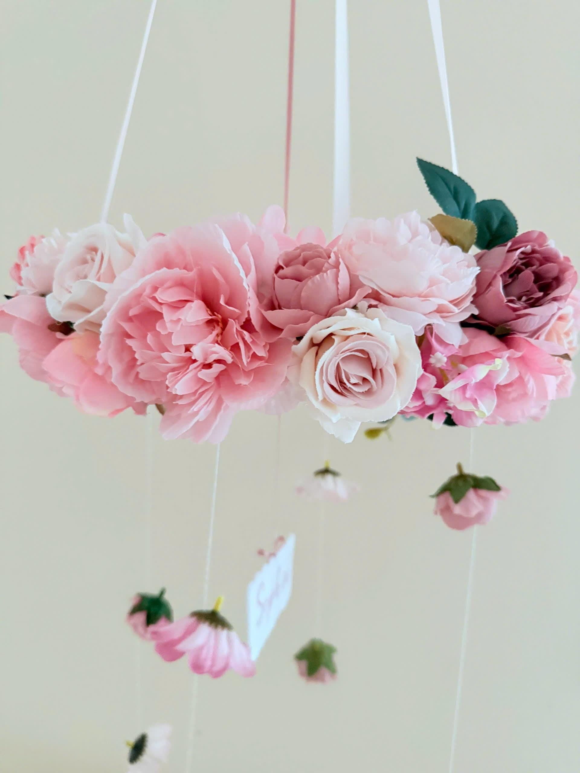 Personalized Floral Baby Mobile With Name, Rose Flower Crib Mobile ...