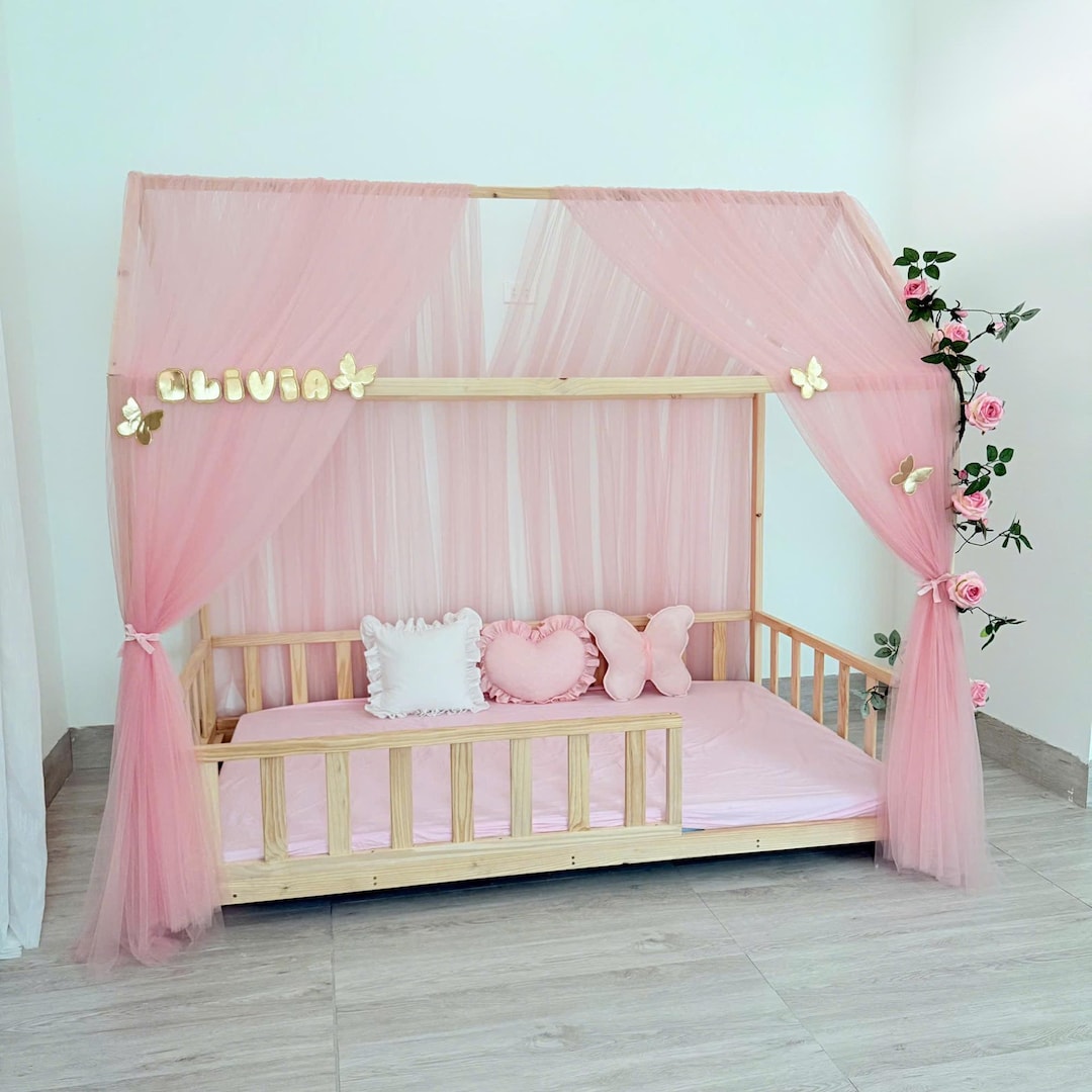 Personalized Pink Tulle Bed Canopy – Montessori Nursery Decor, Name ...