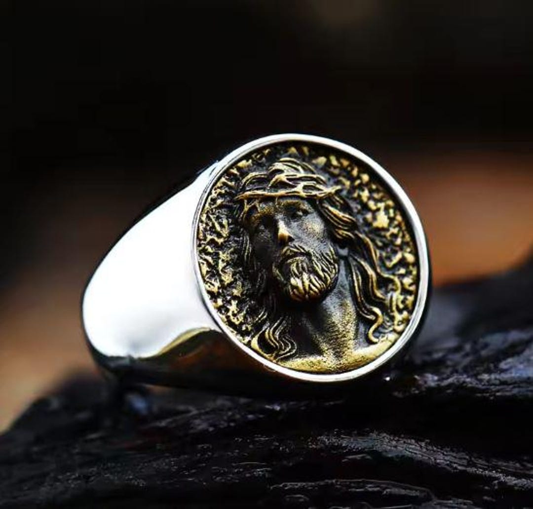 Jesus Christ Signet Ring – Stainless Steel With Antique Gold Detail - Etsy