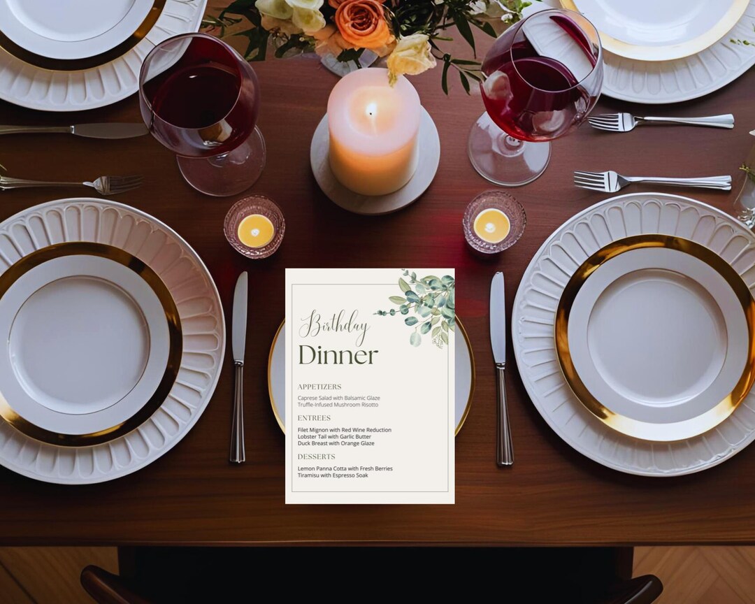 Birthday Dinner Menu, Birthday Lunch Menu, Elegant, Customizable ...
