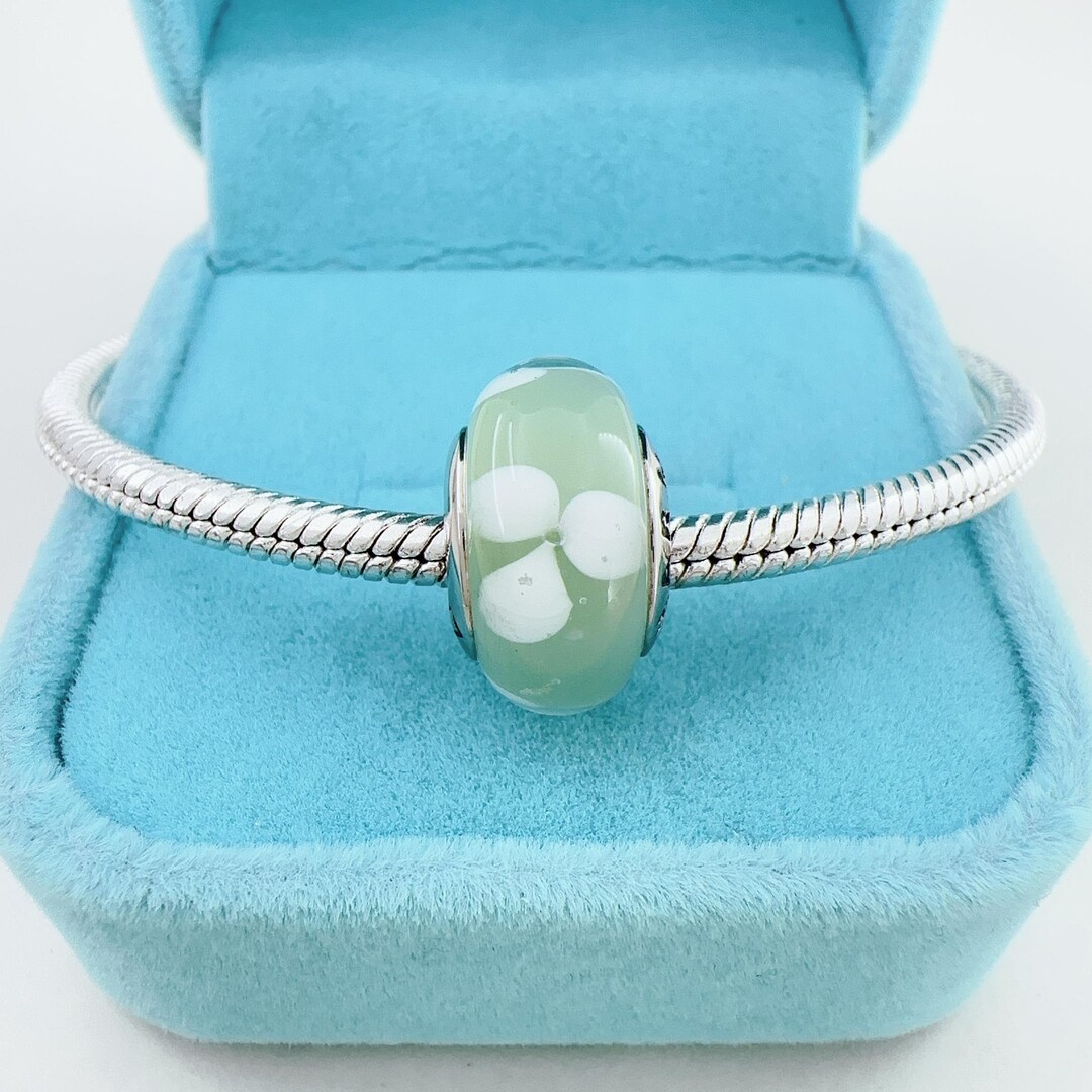 Murano Glass Green Bead White Flower Charm, 925 Sterling Silver Charm ...
