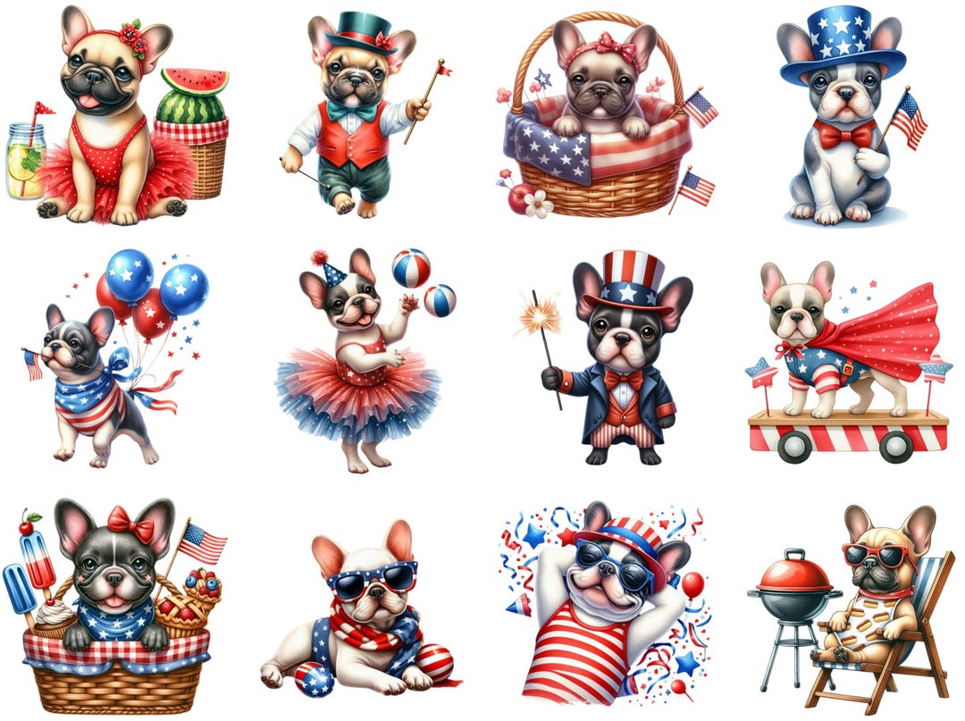 French Bulldog Clipart-patriotic Dog Png-red White Blue Frenchie Art ...