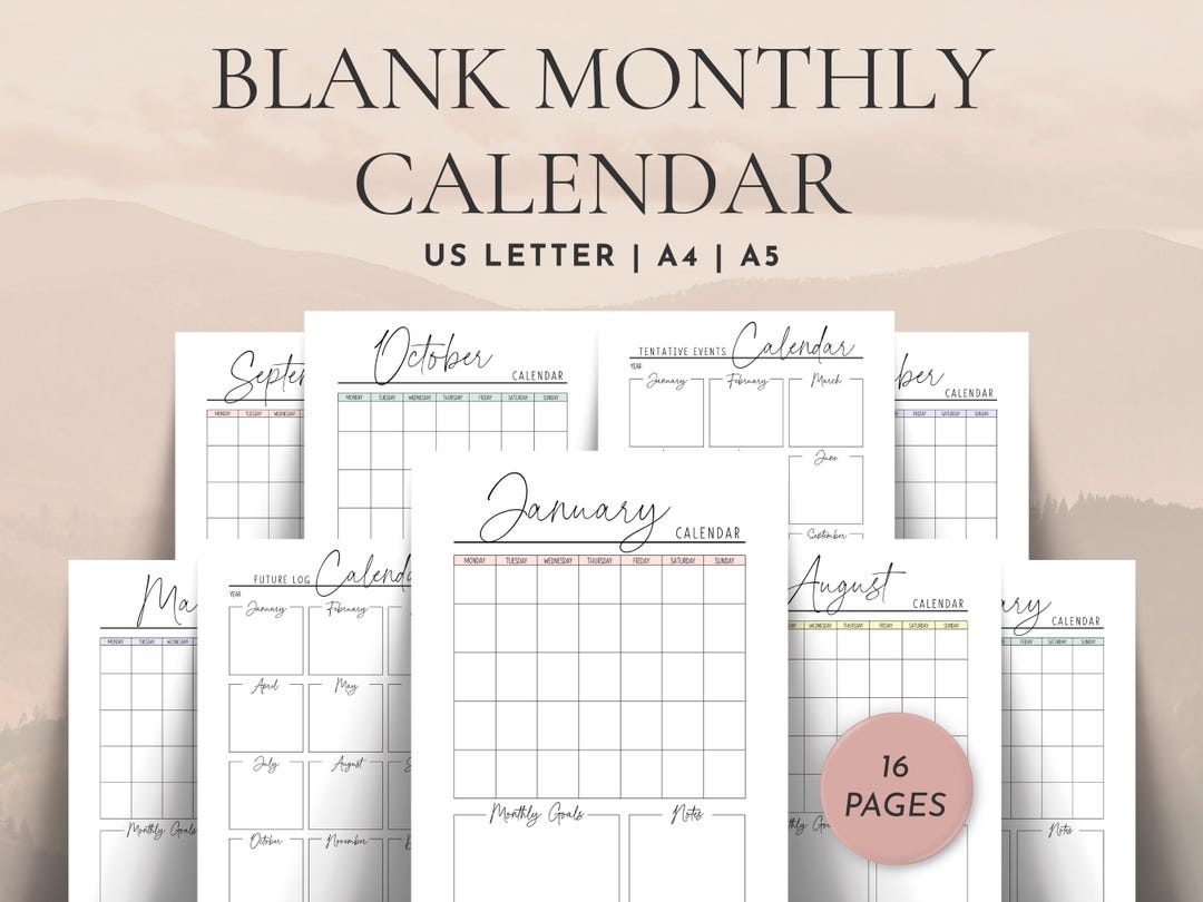 Blank Monthly Calendar Planner PDF Pastel Calendar Grid Calendar for ...