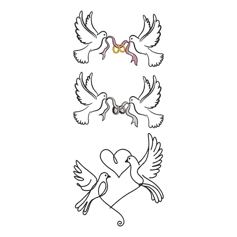 Wedding Dove Embroidery Design Set, Romantic Bird Line Art, Love Birds ...