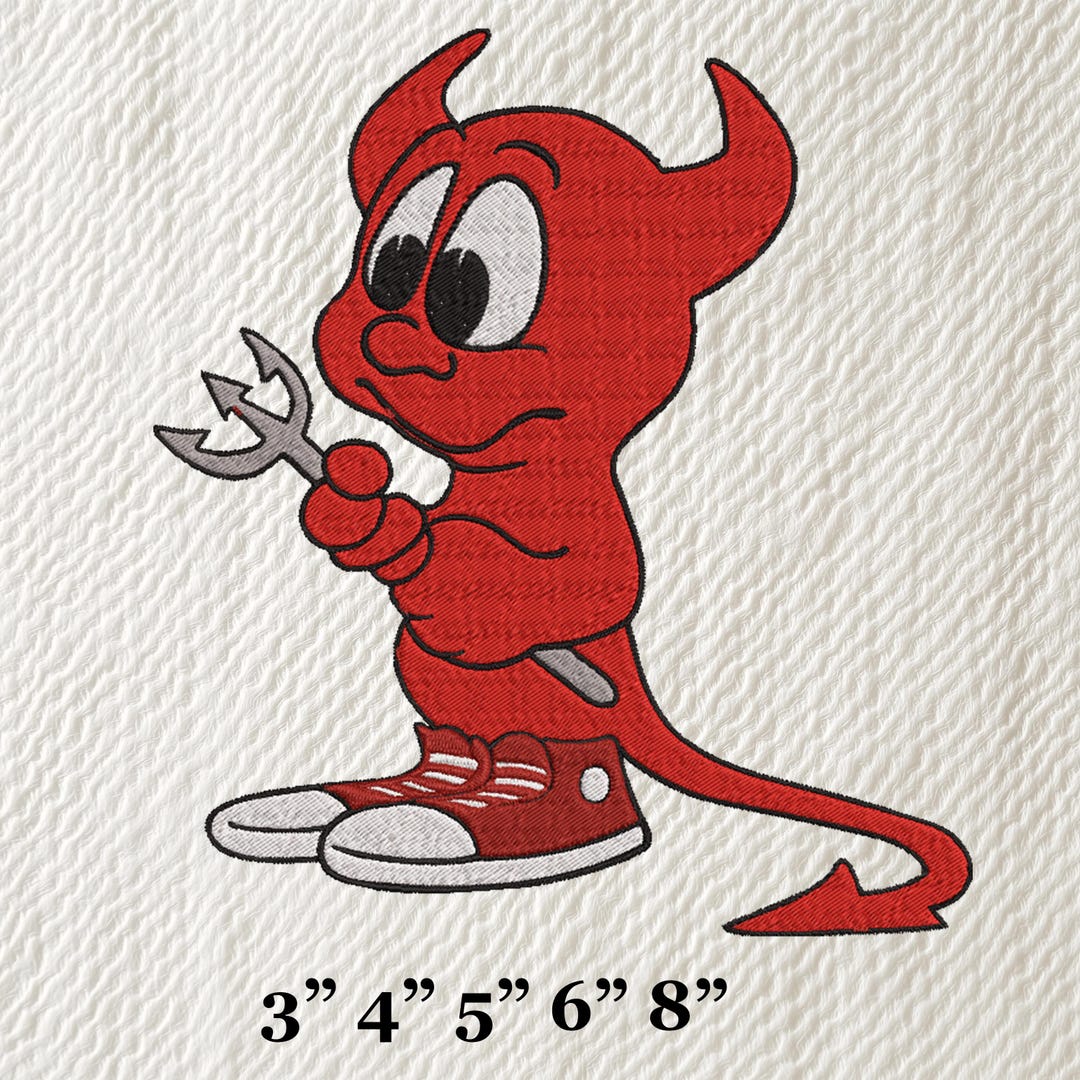 Cute Little Devil Embroidery Design | Cartoon Red Devil With Pitchfork ...