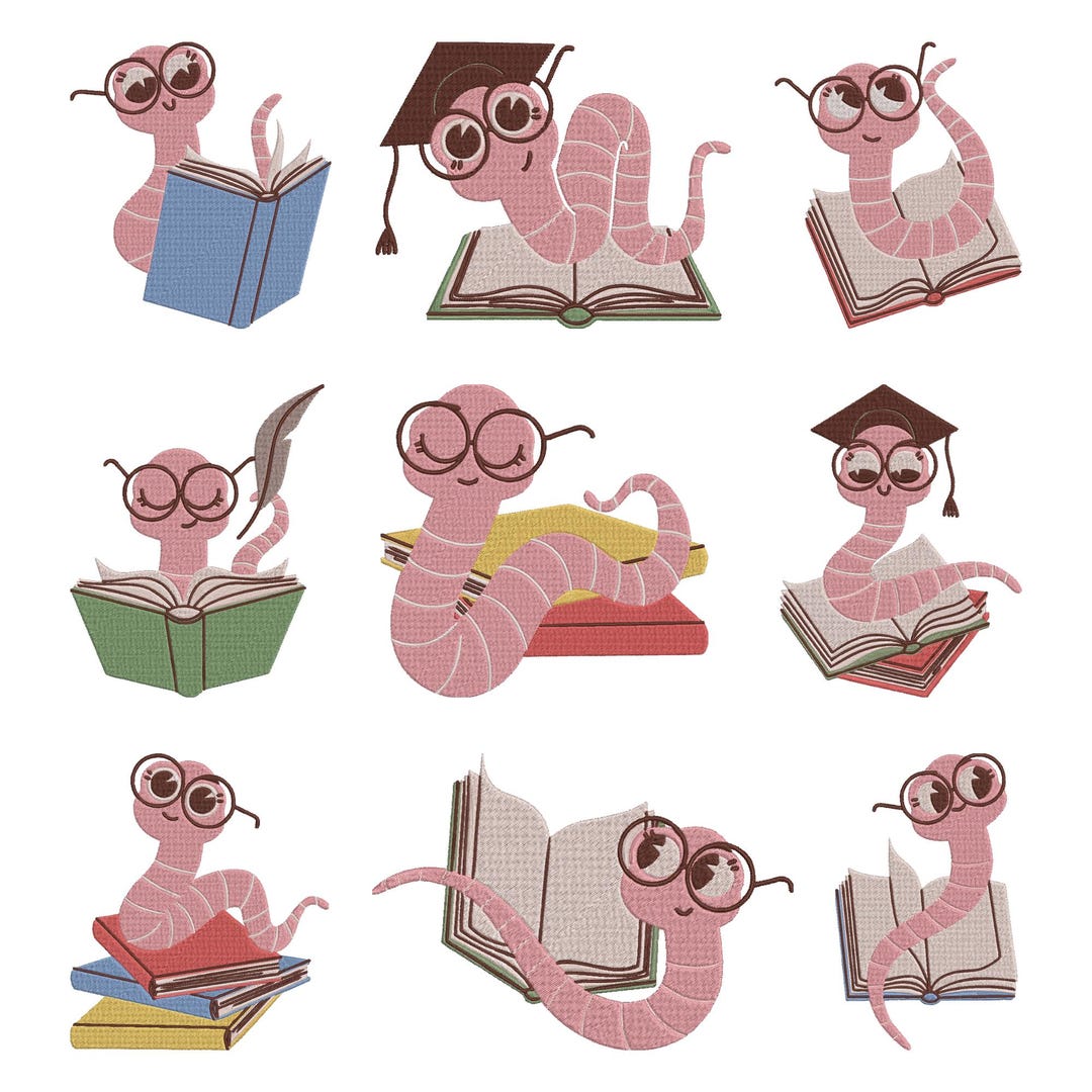 Bookworm Embroidery Design, Reading Worm Machine Embroidery File, 9 ...
