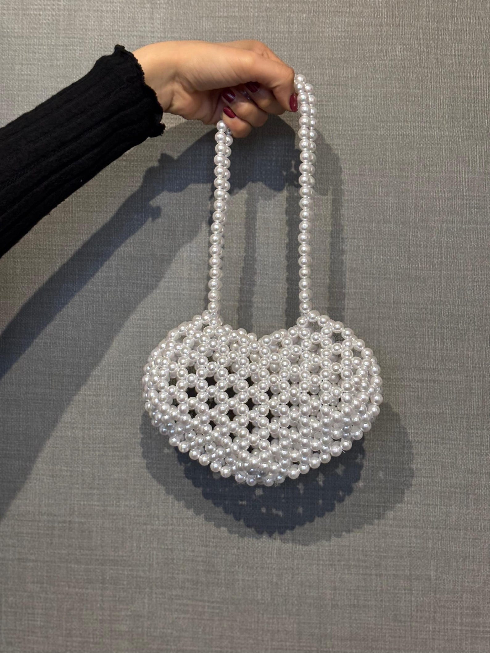 Large Pearl Beaded Heart Bag – Handmade White Acrylic Purse | Bridal ...