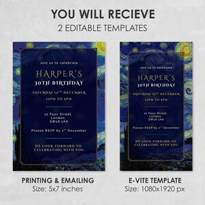 Van Gogh Starry Night Birthday Invitation | Editable Canva Invite ...