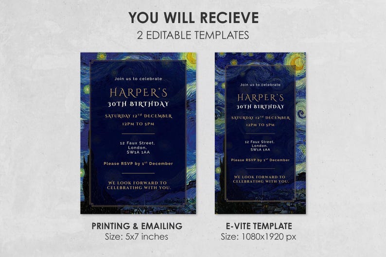 Van Gogh Starry Night Birthday Invitation | Editable Canva Invite ...