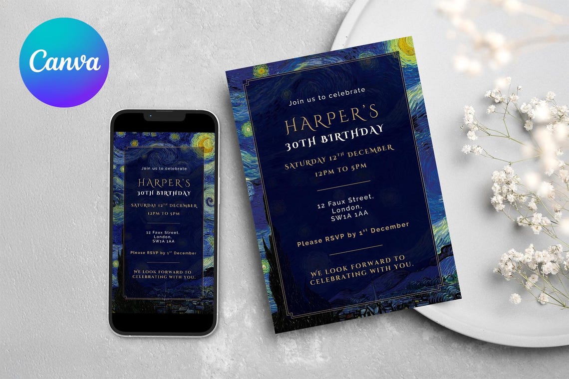 Van Gogh Starry Night Birthday Invitation | Editable Canva Invite ...