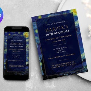 Van Gogh Starry Night Birthday Invitation | Editable Canva Invite ...