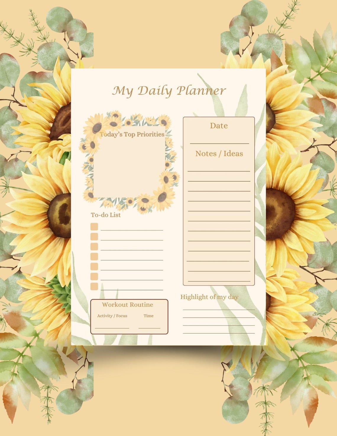 Sunflowers Planner Printable, Digital Download, Daily To-do List Floral ...