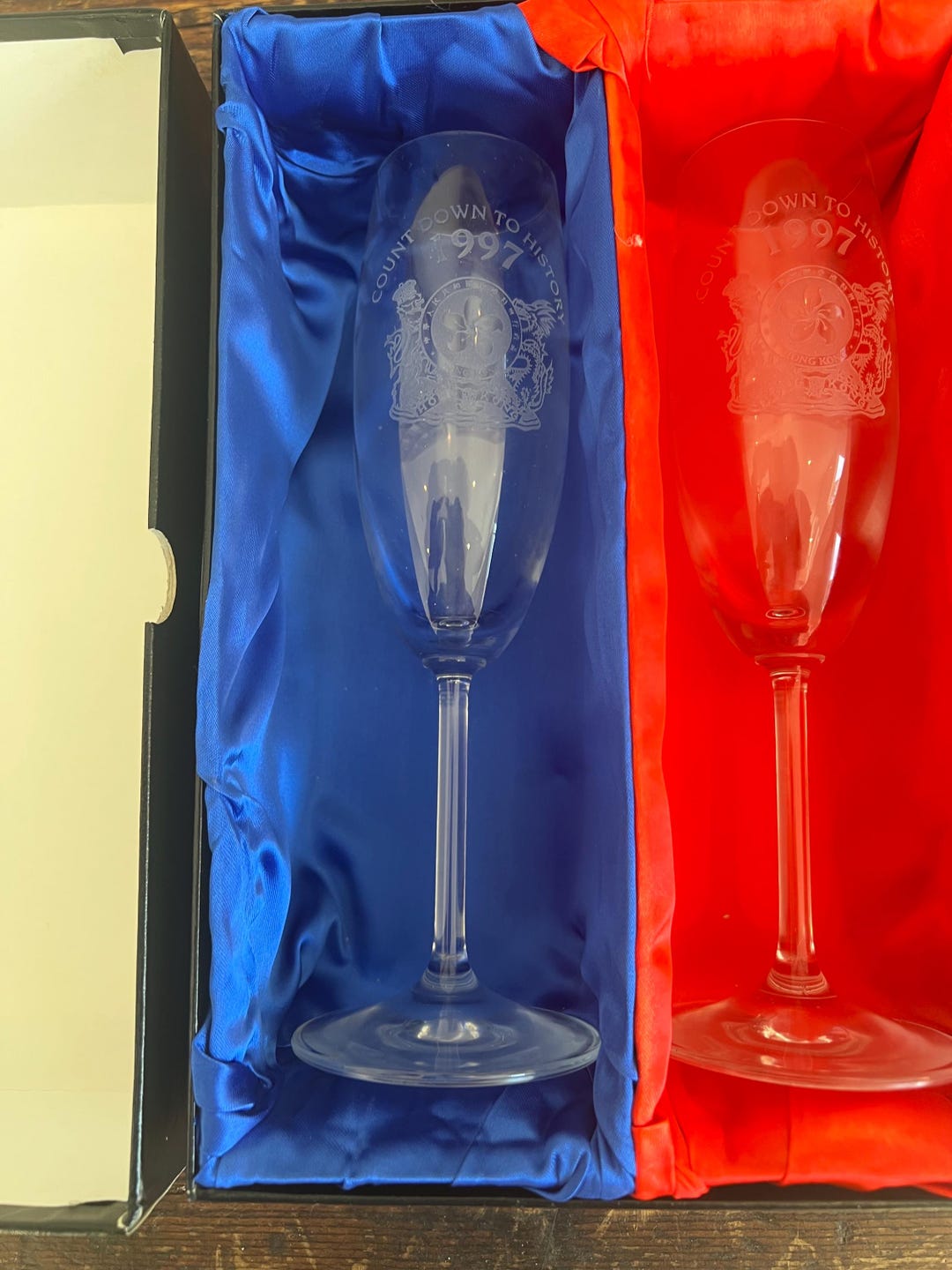 Pair of Hong Kong Handover Commemorative Champagne Flutes, “countdown ...