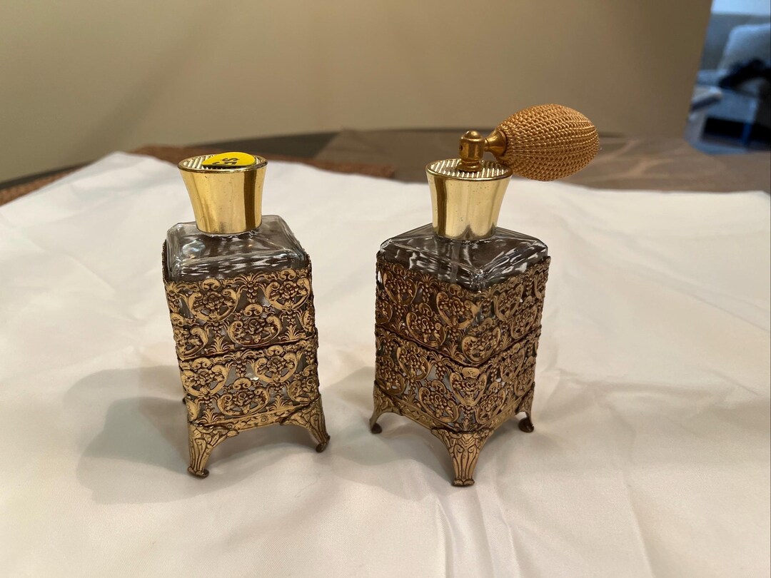 Vtg Fiery 1950s Cologne Perfume Ormolu Footed Gold Tone & Glass Bottles ...