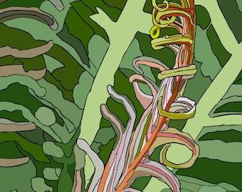 Woodcut Print of Fiddlehead Ferns Beneath a Massive Pine Tree by ...